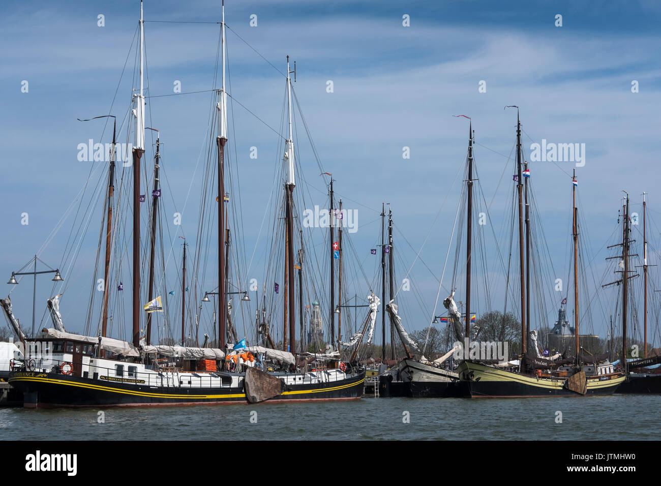Old traditional sailing ships in the harbour of Enkhuizen in the ...