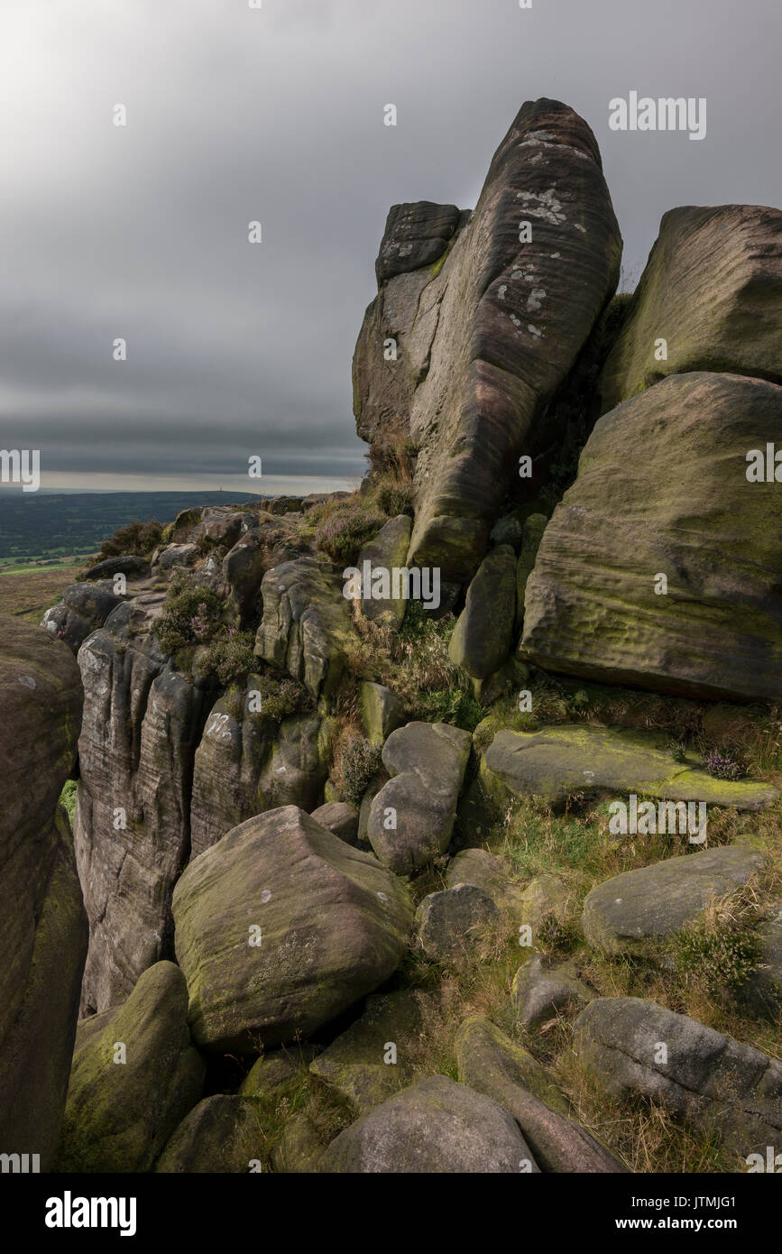 Gritstone rocks on the edge at The Roaches, Staffordshire. A rugged ...