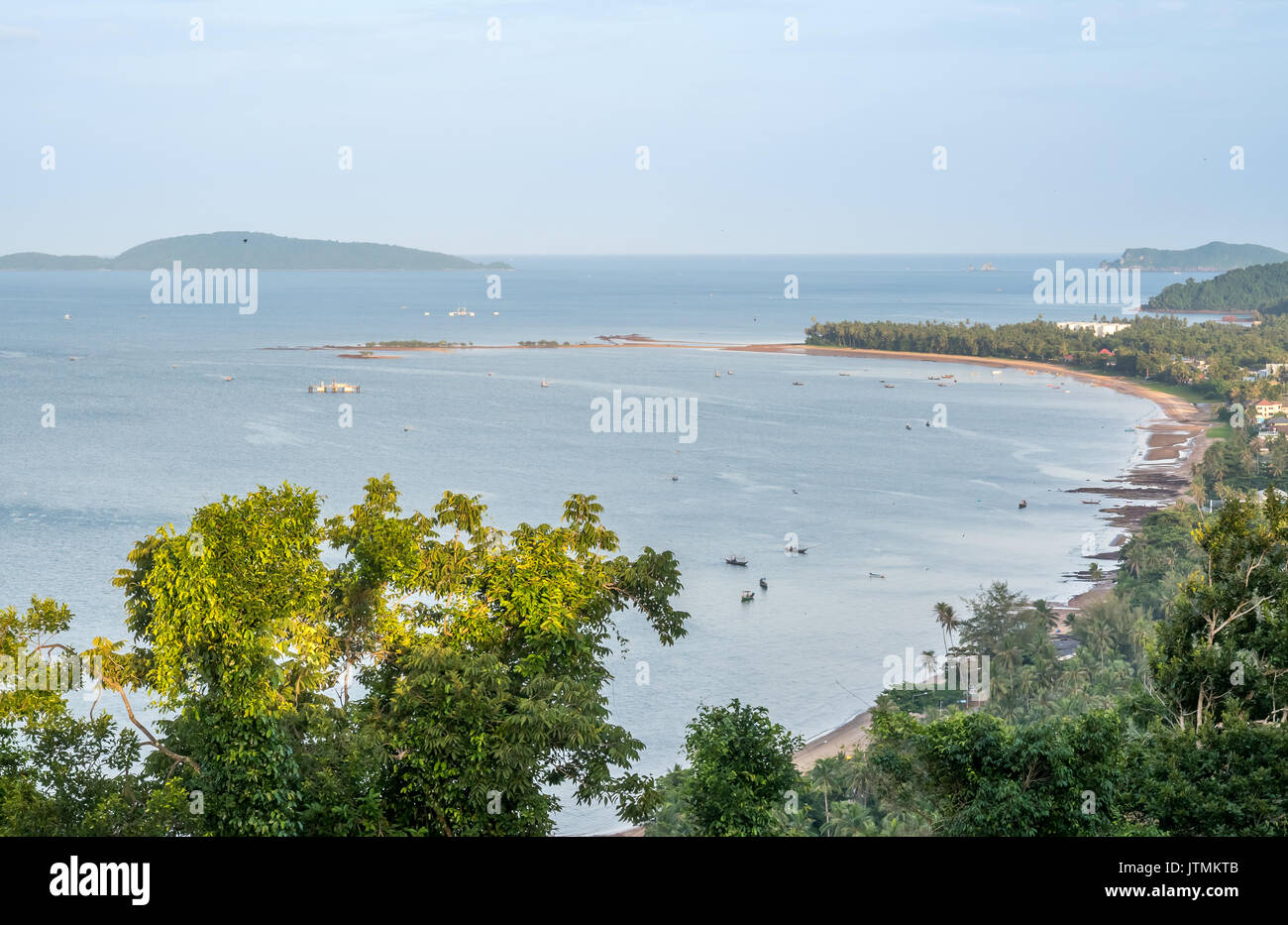 Estuary of Chumphon city in Thailand with curve of coastline under ...