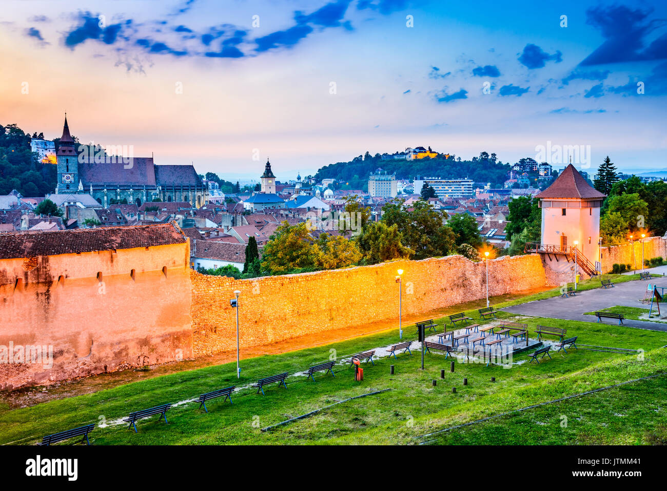 Brasov, Romania - Twilight image with medieval city walled ...