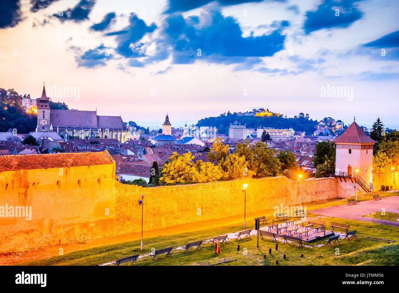 Brasov, Romania - Twilight image with medieval city walled ...