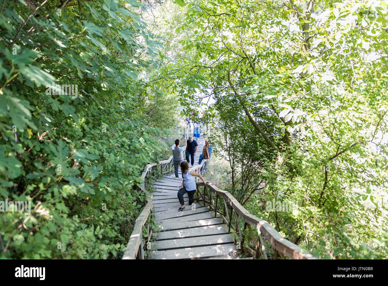 Wooden stairs of Famous incegiz cave in Catalca,Istanbul,Turkey.TURKEY ...