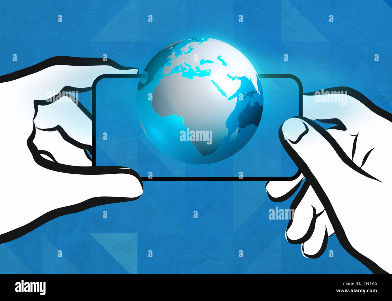 Mobile VR communication illustration with mobile phone and blue earth ...