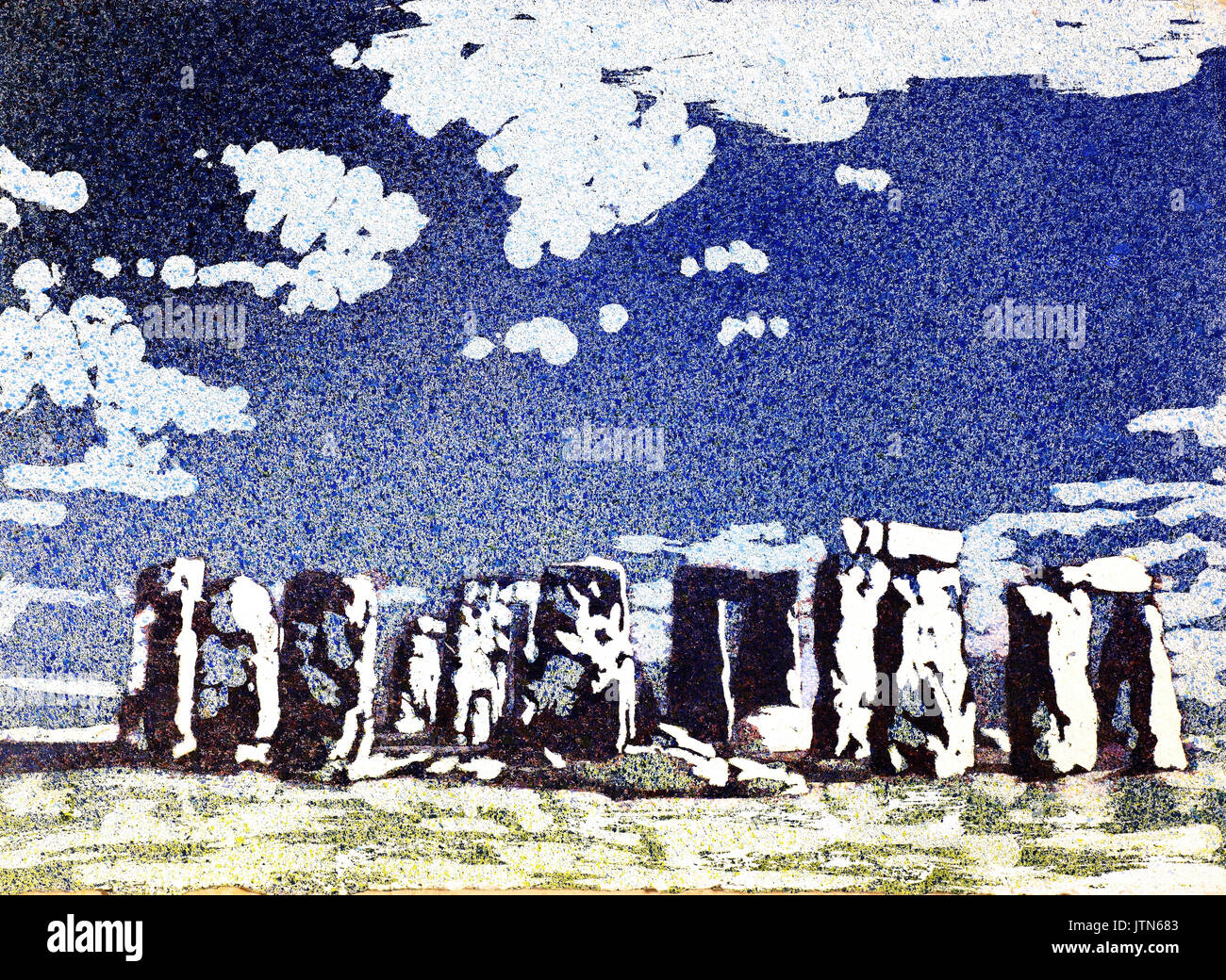Fine art watercolor painting of prehistoric monument of Stonehenge ...