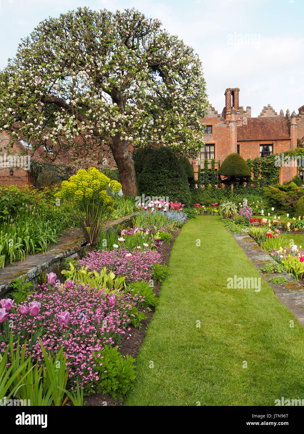 Portrait view of Chenies Manor and Sunken Garden in Spring with grass ...