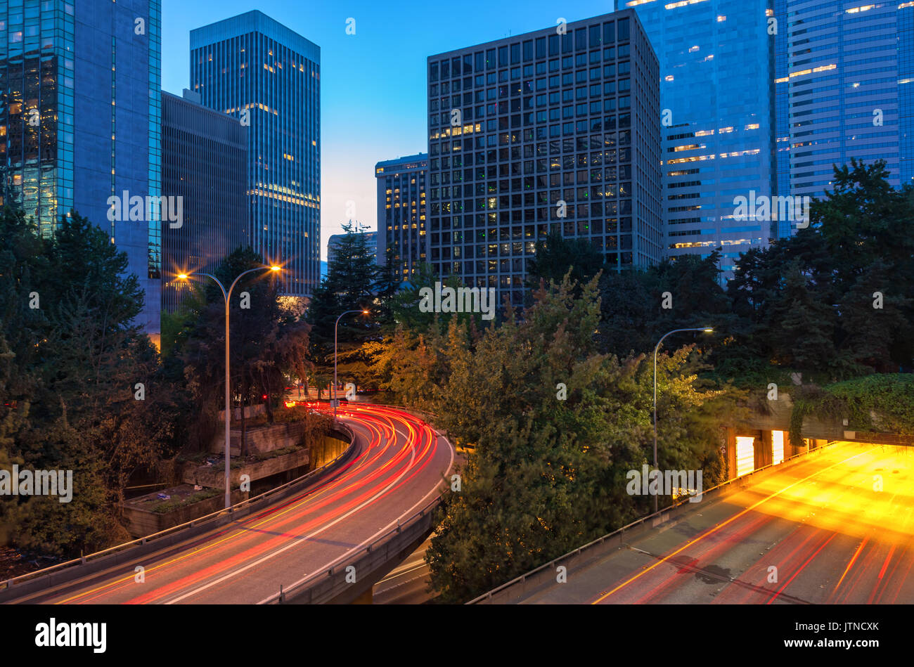 The traffic on the main freeways and the skyscrapers of Seattle ...
