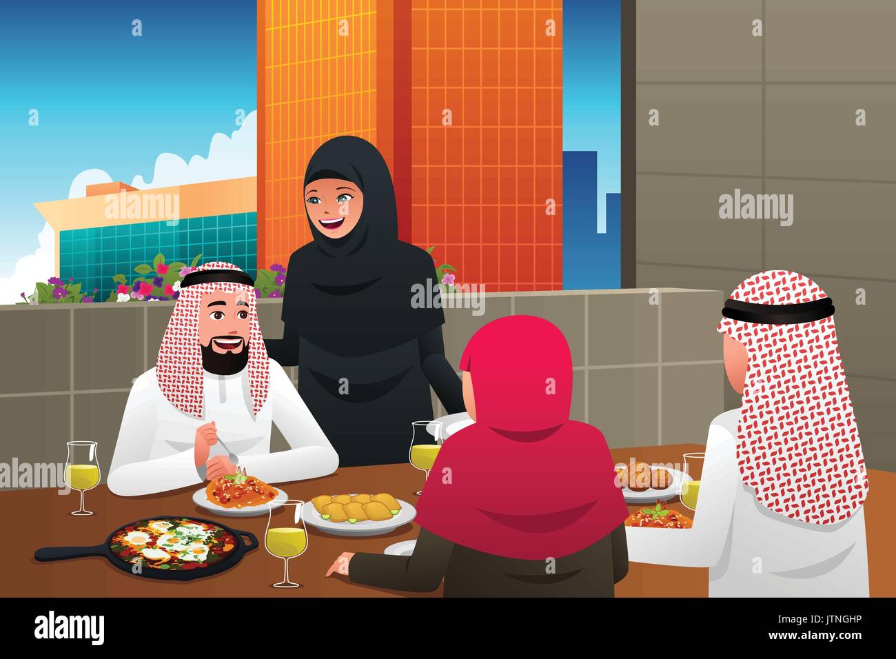 A vector illustration of Muslim Family Eating at Home Stock Vector ...