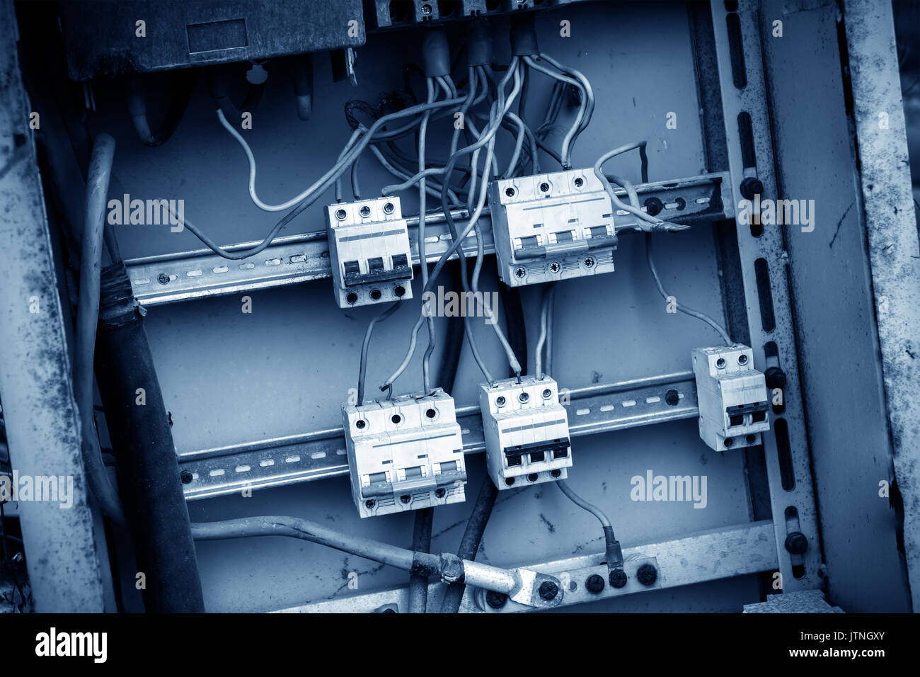 Save electricity sign on old electrical power wiring box in abandoned ...