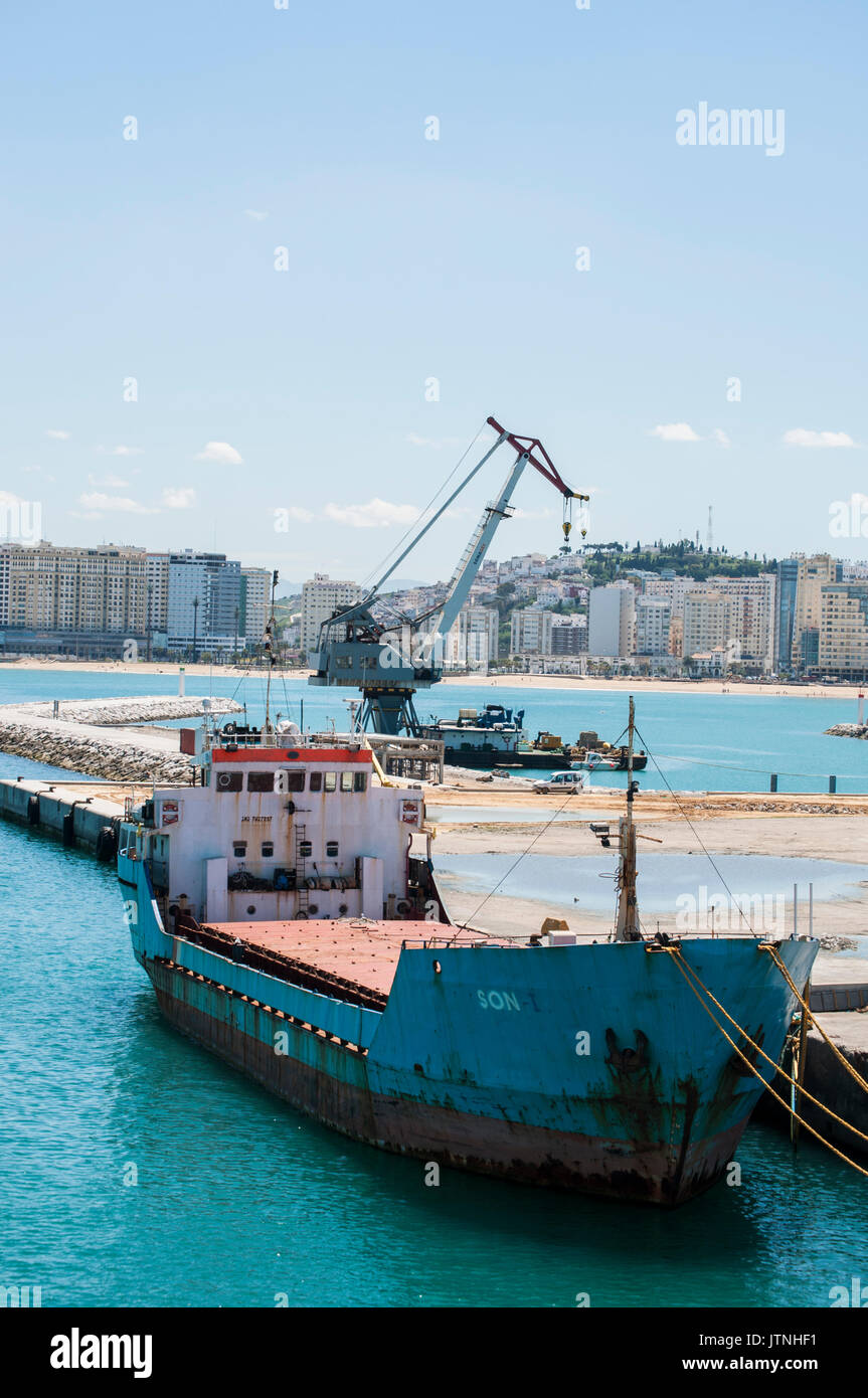 Ship in the port of Tangier, city on the Maghreb coast at western ...