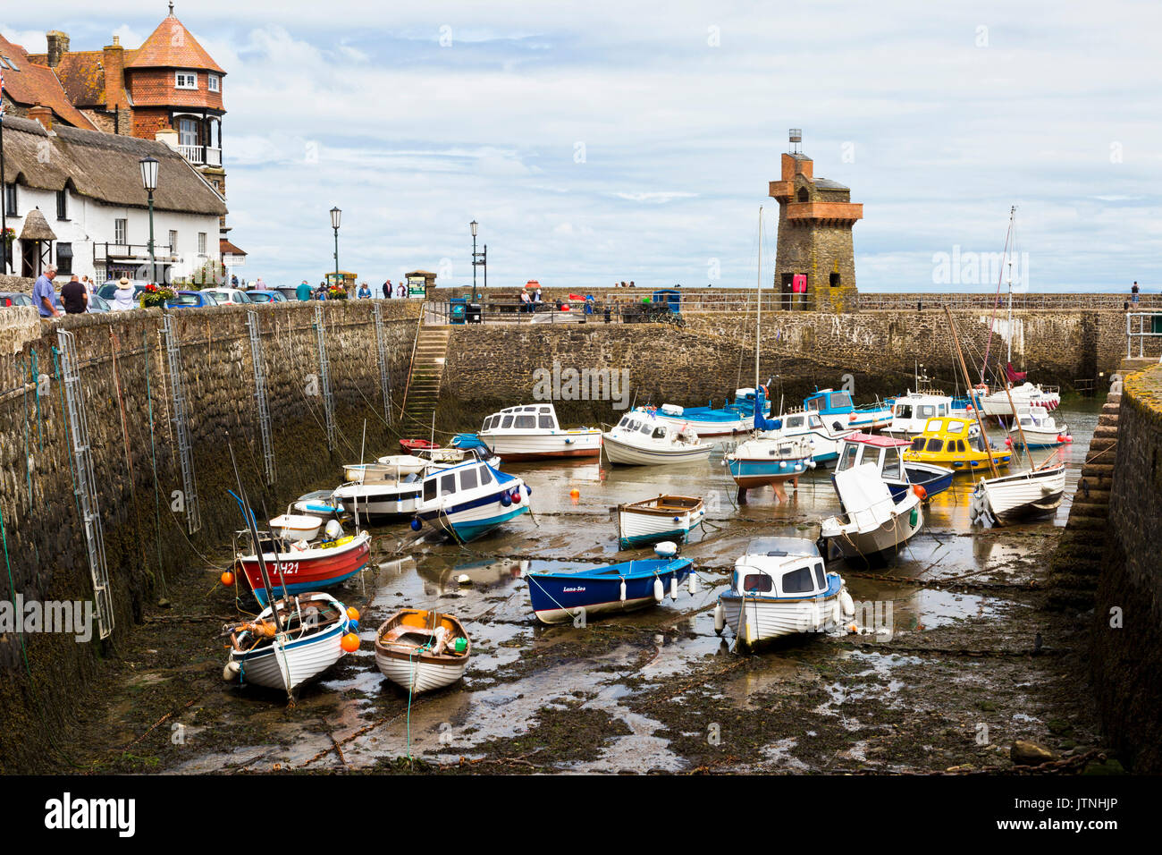 Fishing boats moored at Lynton harbour on the North Devon coast Stock ...