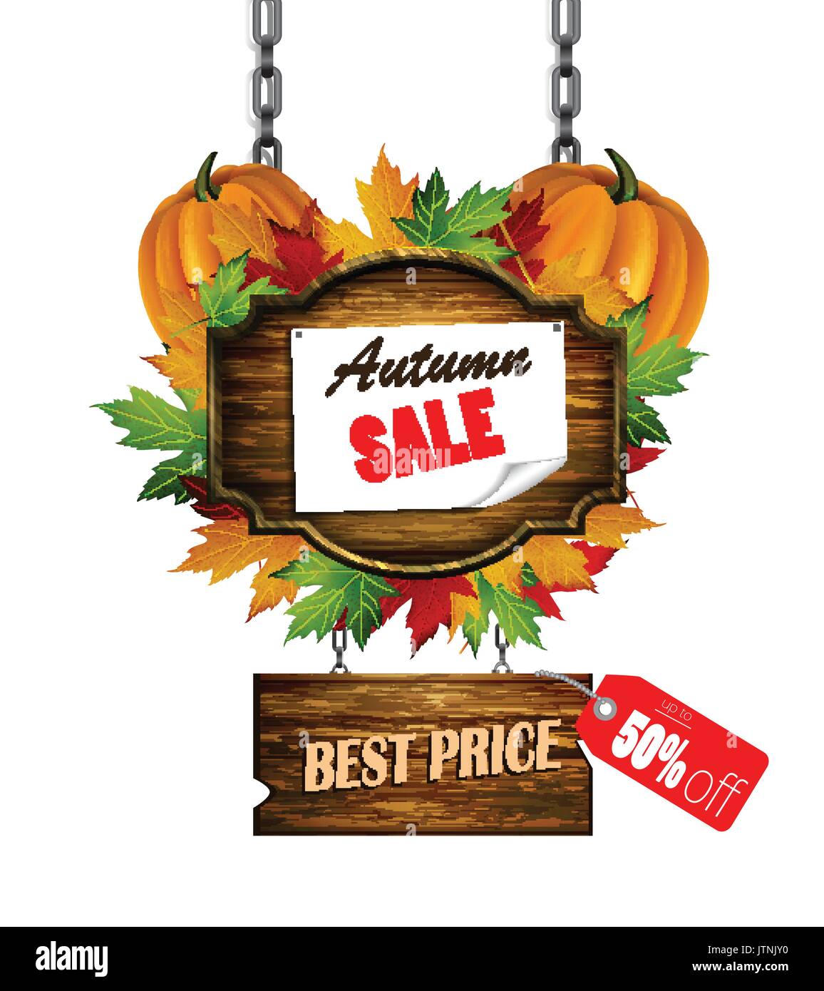 Vector realistic illustration of hanging autumn sale wooden signboard ...