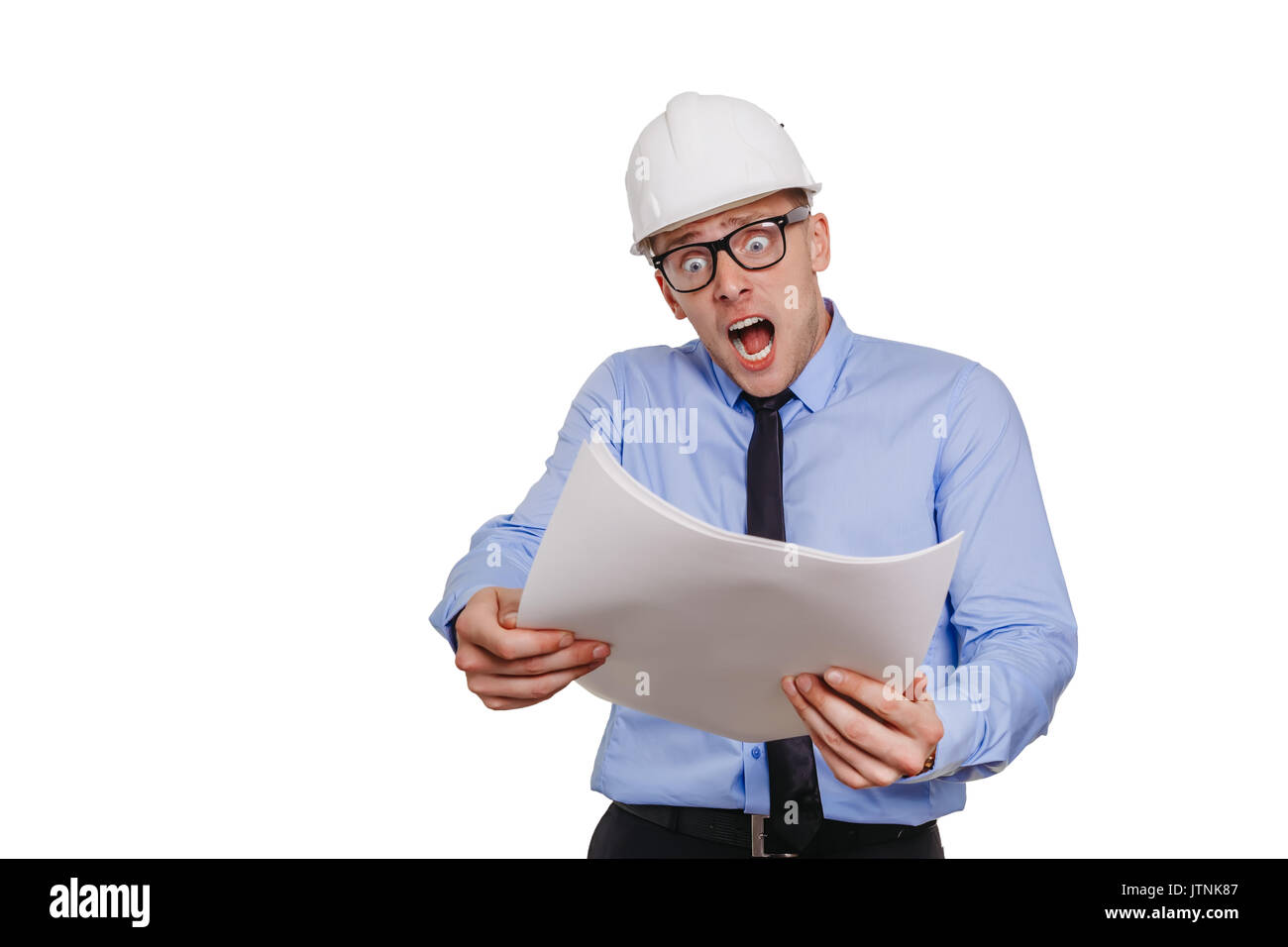 Architect engineer is horrified by the blueprint. Emotion concept ...