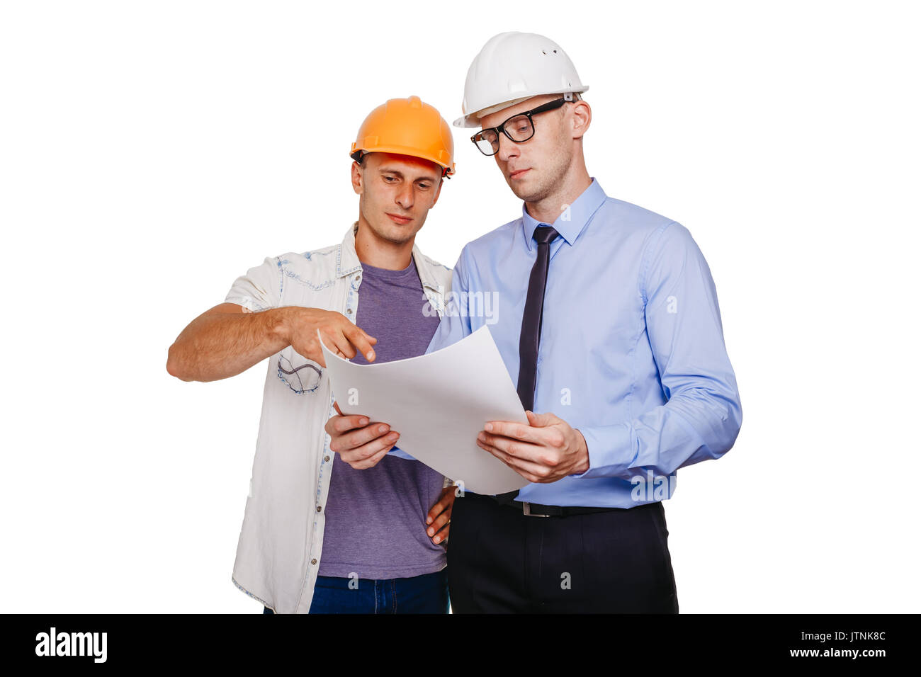 Architect and builder discussing blueprint. Isolated on white Stock ...