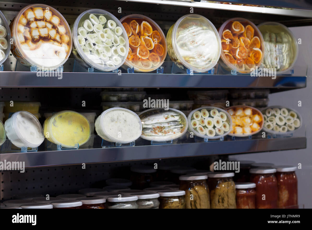 Many packed food on shop shelf Stock Photo - Alamy