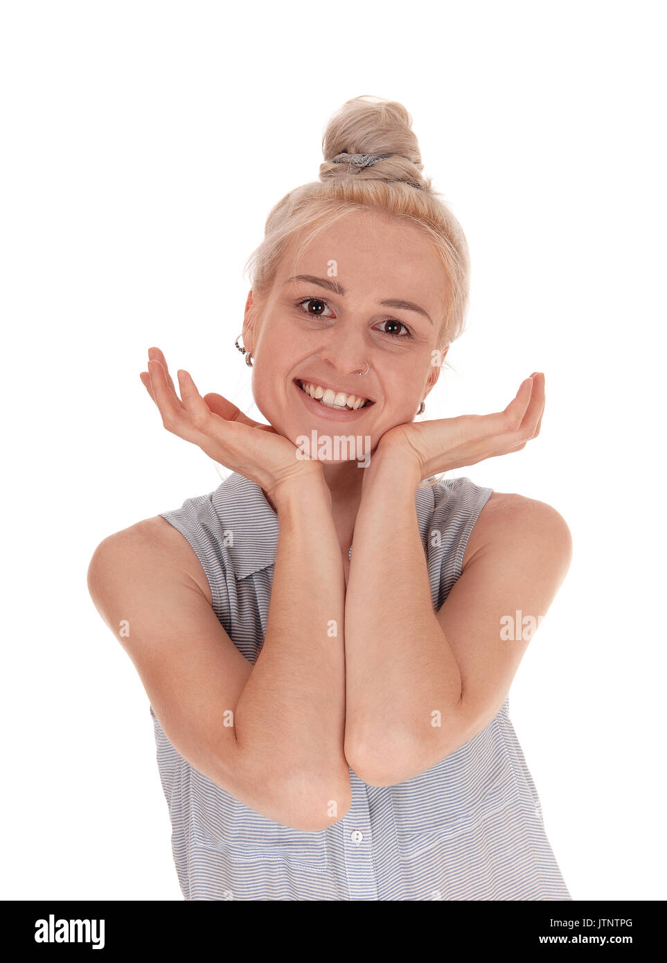 Woman hands under chin smiling hi-res stock photography and images - Alamy