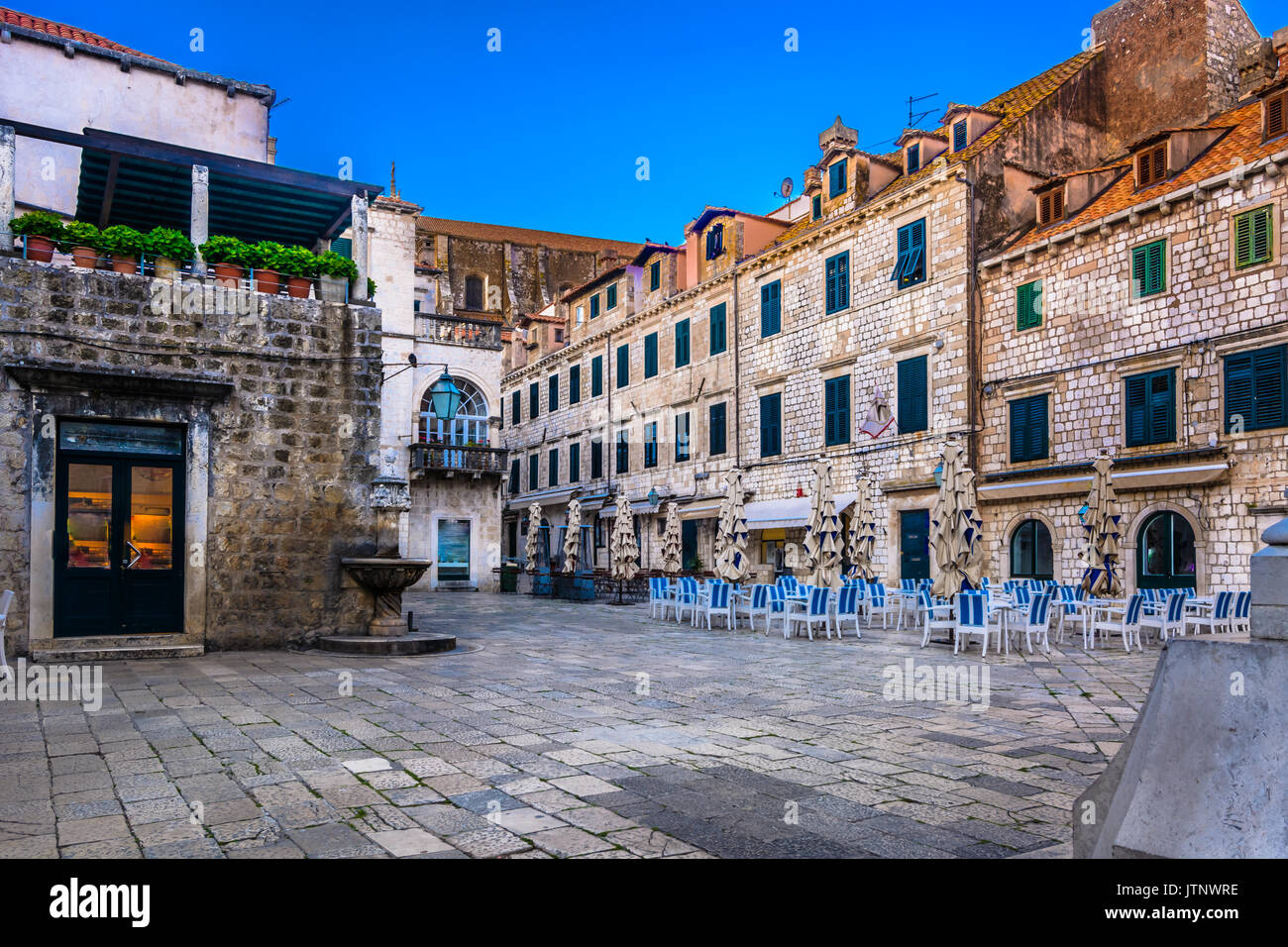 View at old stone square in city center of town Dubrovnik, famous ...