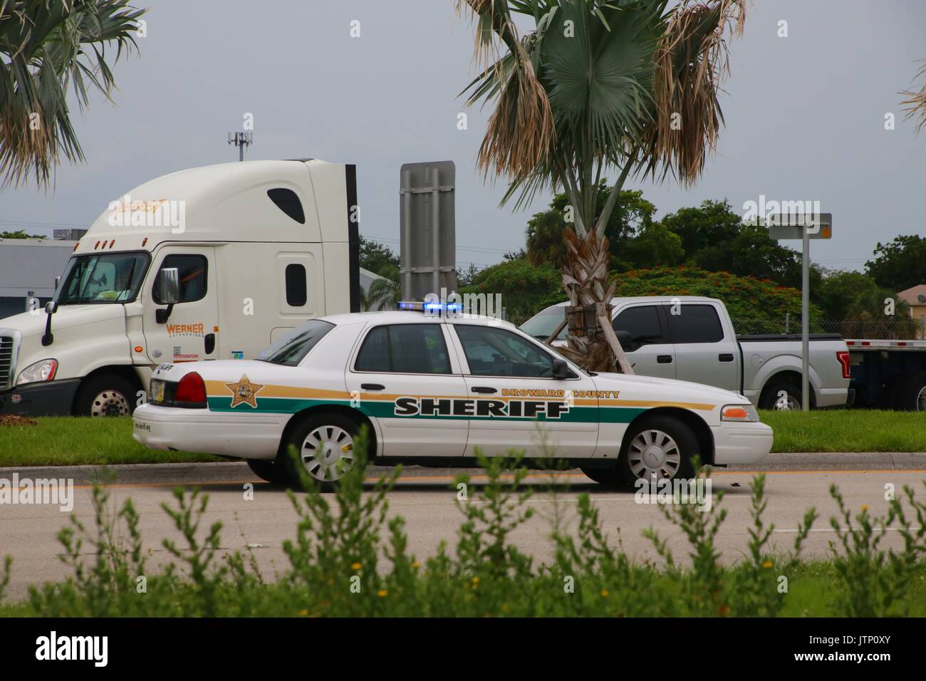 Broward Sheriff Police Car Parked at the Scene of a Car Accident Stock ...