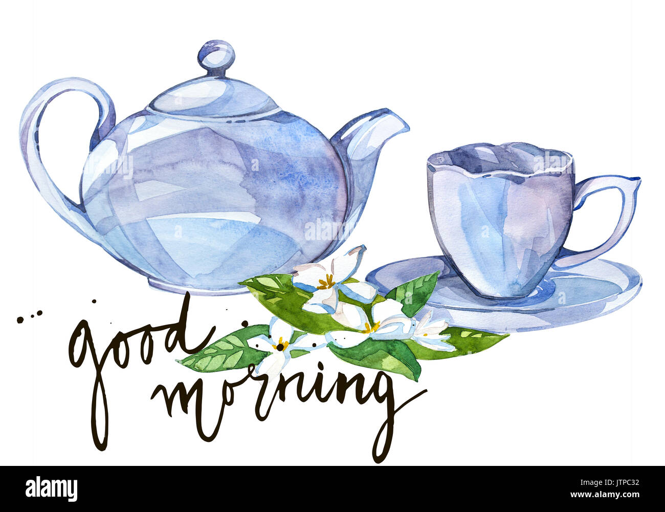Watercolor illustration Tea time with lettering-good morning Stock ...