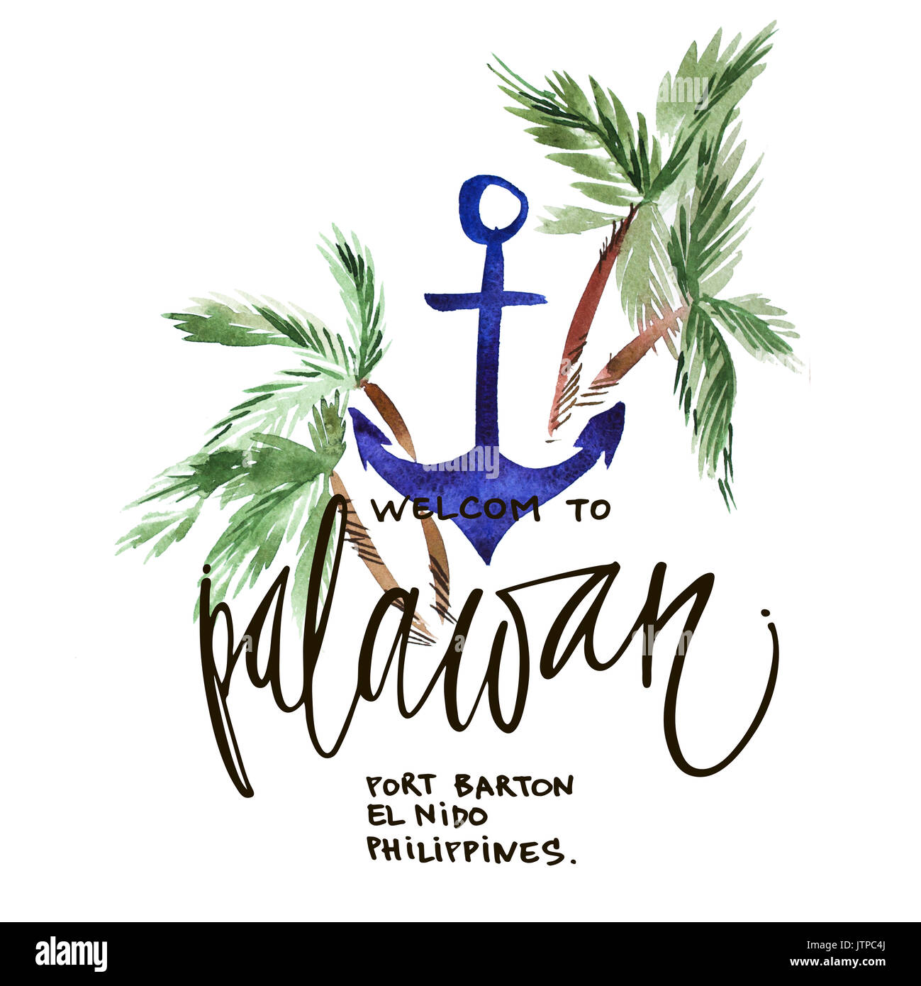 Vintage watercolor summer palawan print with typography design, palm ...