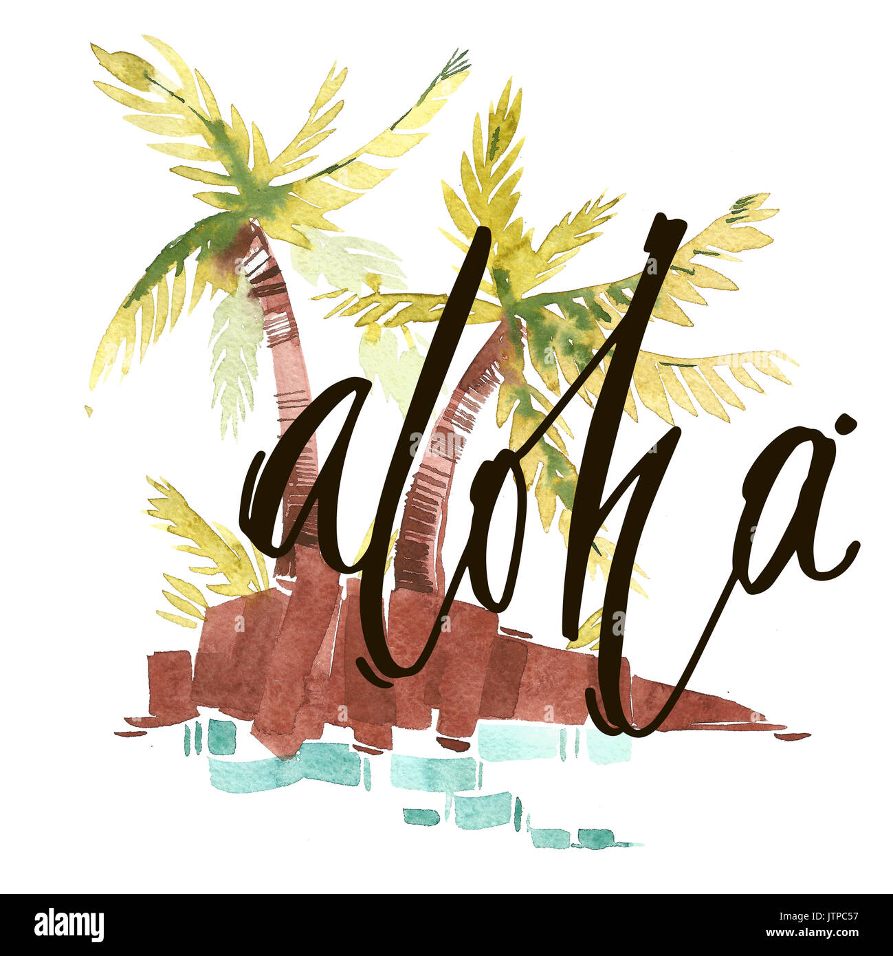 Vintage watercolor summer palm with typography design, trees and ...