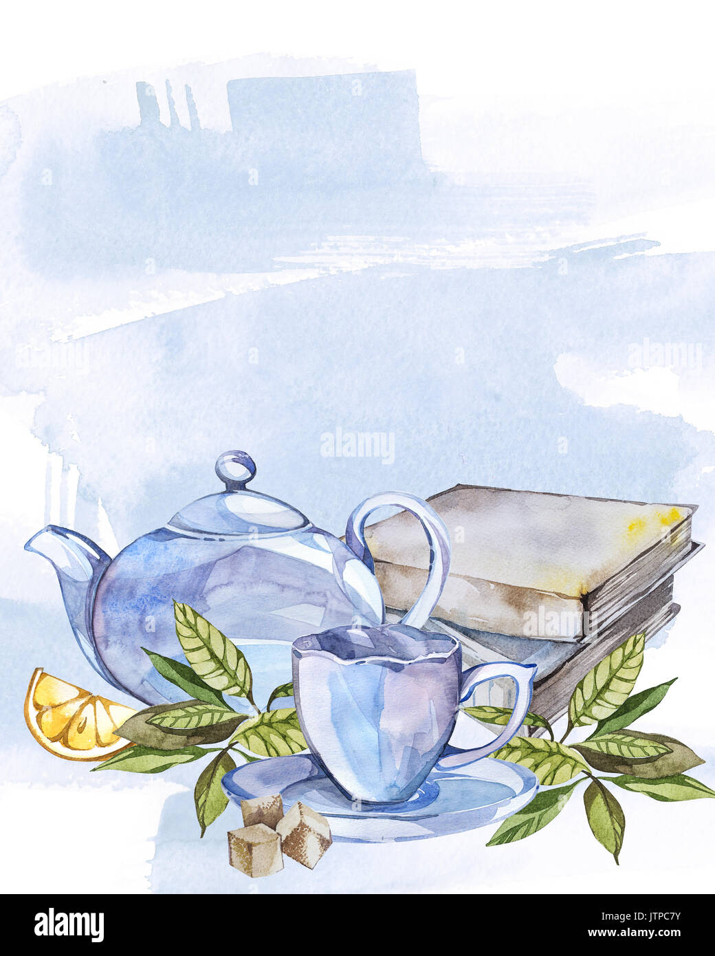 Collection of hand drawn illustration on the theme tea. Watercolor set ...