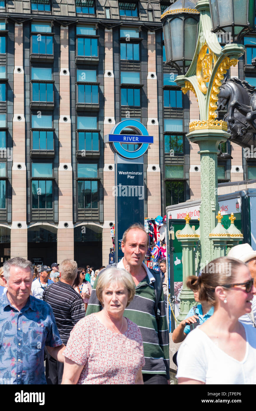 UK London Westminster Bridge Pier TfL River Bus Stop people crowds ...