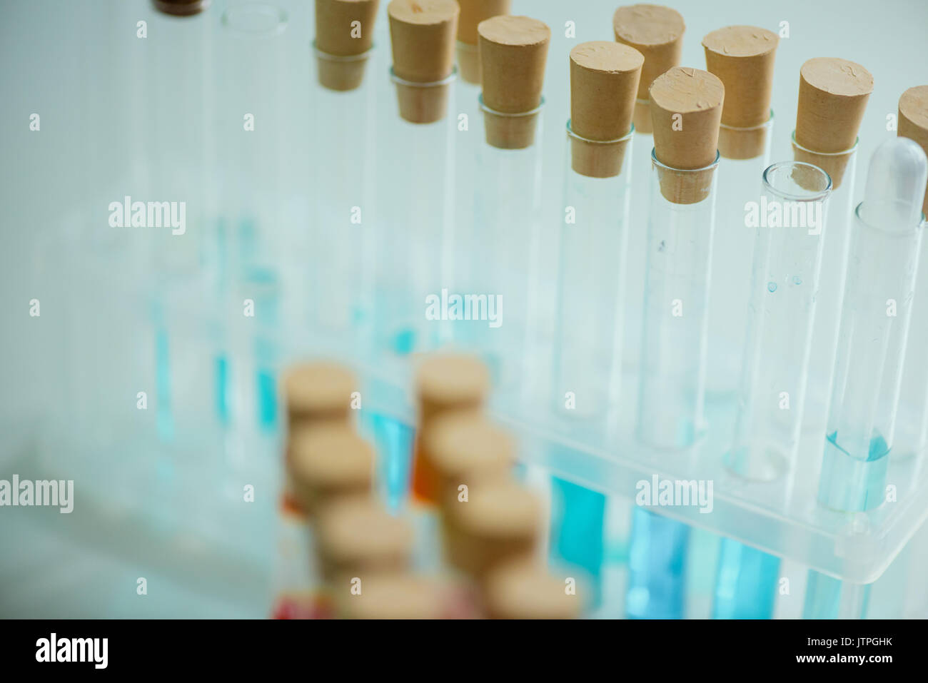 close up view of different tubes with reagents in chemical lab Stock ...