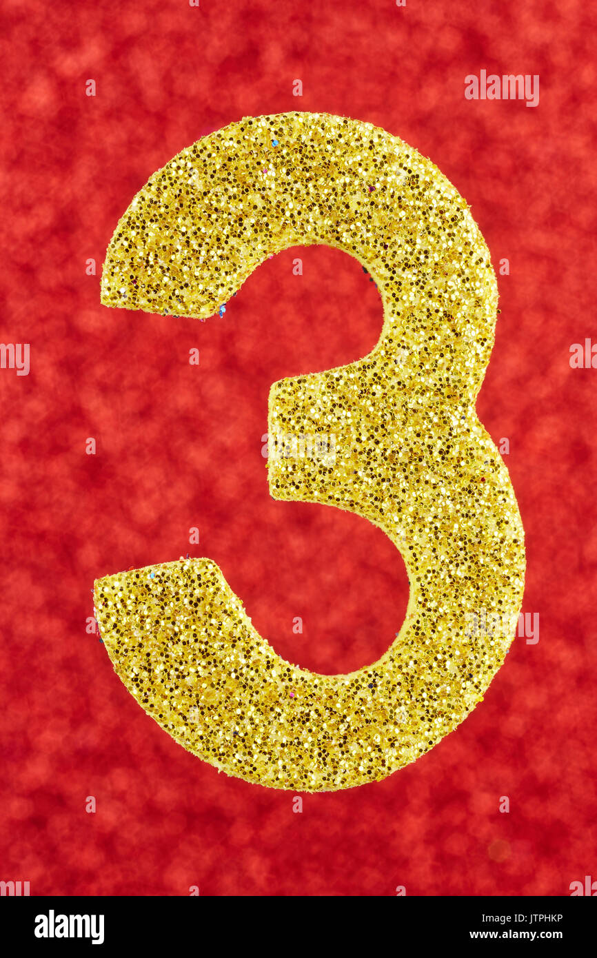 Number three yellow color over a red background. Anniversary. Vertical ...