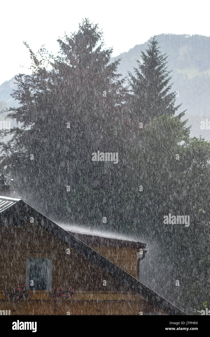 Strong rain in summer with house, roof and trees in vertical format ...