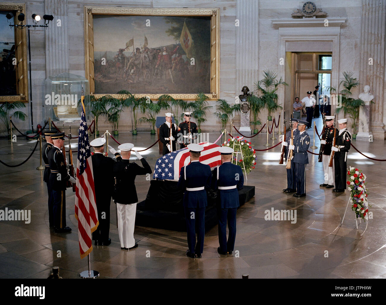 Elevated view of the flag-draped casket of the Unknown Serviceman of ...