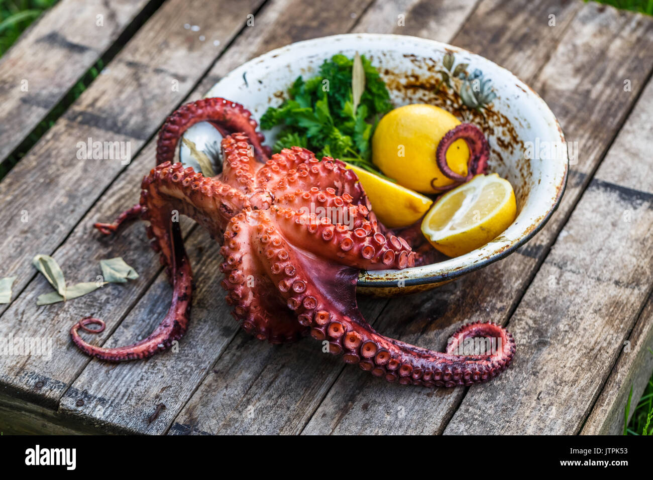Big boiled octopus with lemon and parsley, rustic style Stock Photo - Alamy