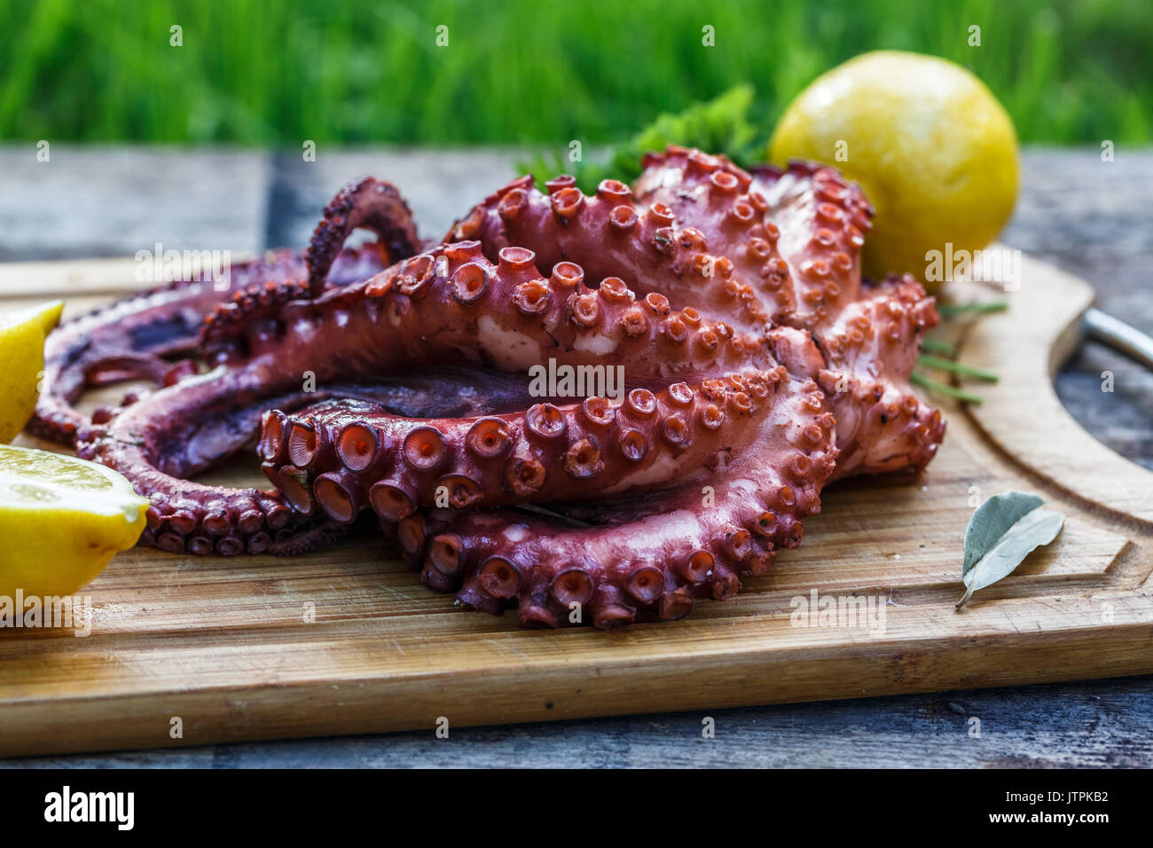 Boiled octopus ready for serve with lemon and parsley on wooden board ...