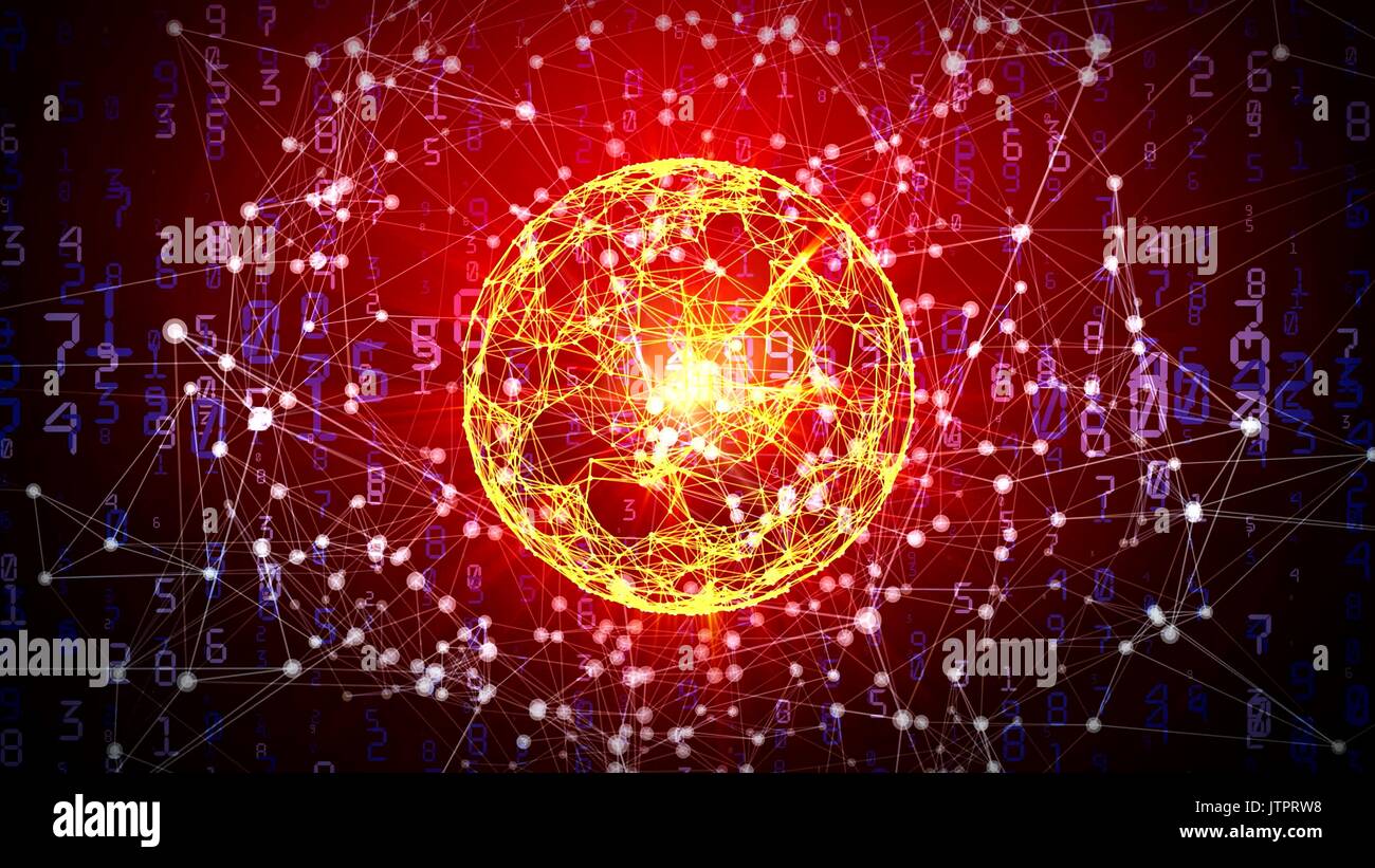 Abstract global network sphere with moving numbers, lines and dots ...