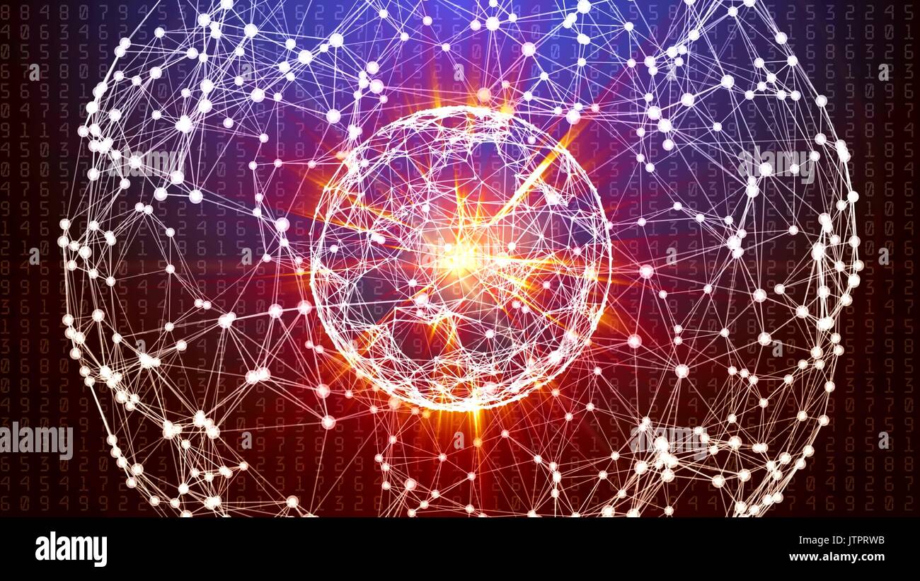Abstract global network sphere with moving numbers, lines and dots ...