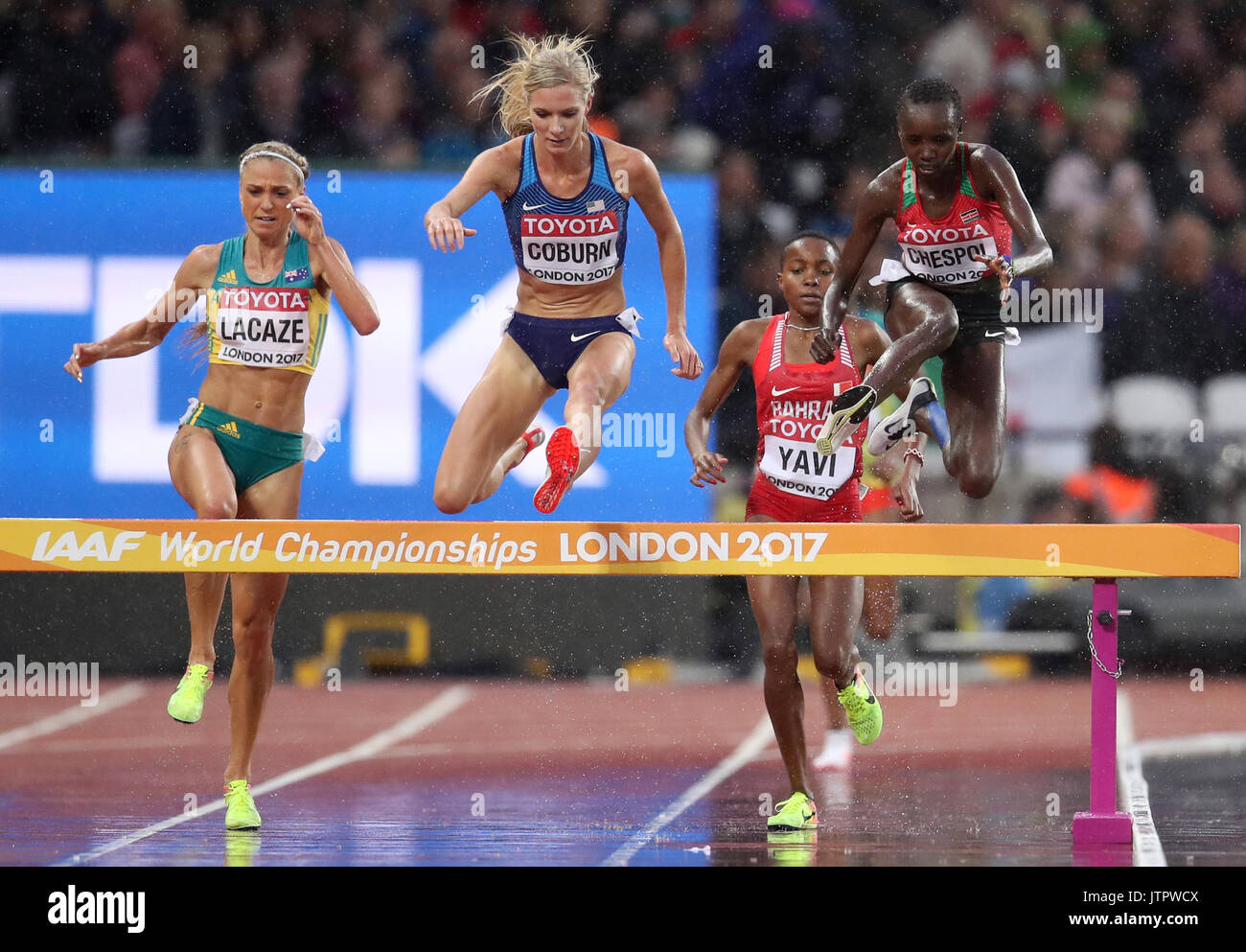 USA's Emma Coburn and Kenya's Celliphene Chespol in the Women's 3000m ...