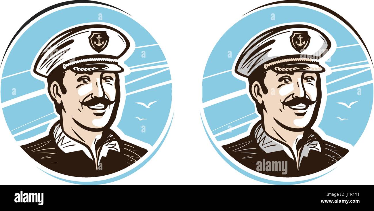Portrait of happy captain, logo or label. Cartoon vector illustration ...