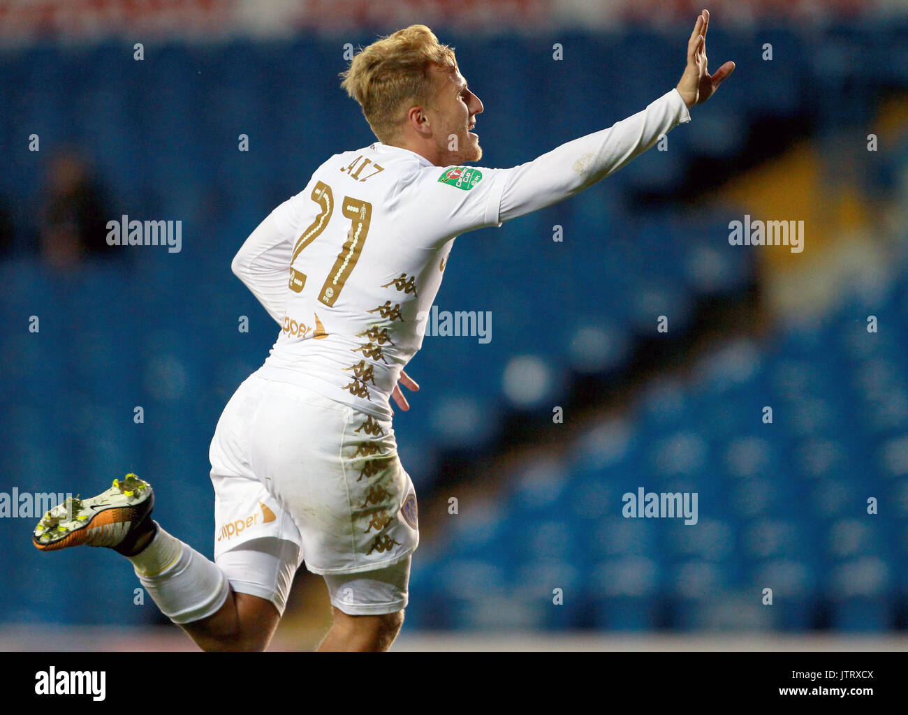 Leeds United's Samu Saiz celebrates his hat-trick during the Carabao ...