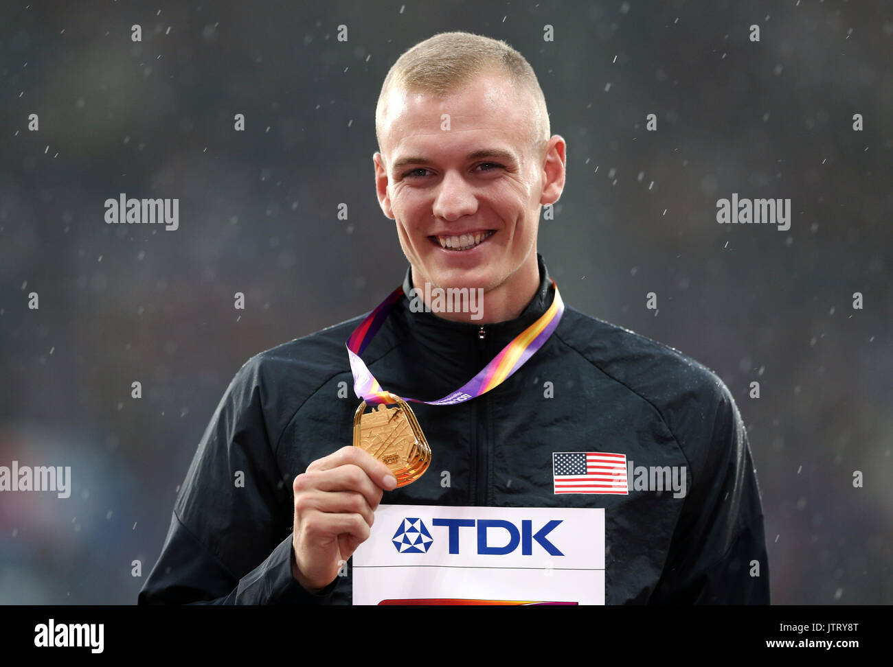USA's Sam Kendricks with his Men's Pole Vault Gold medal during day six ...