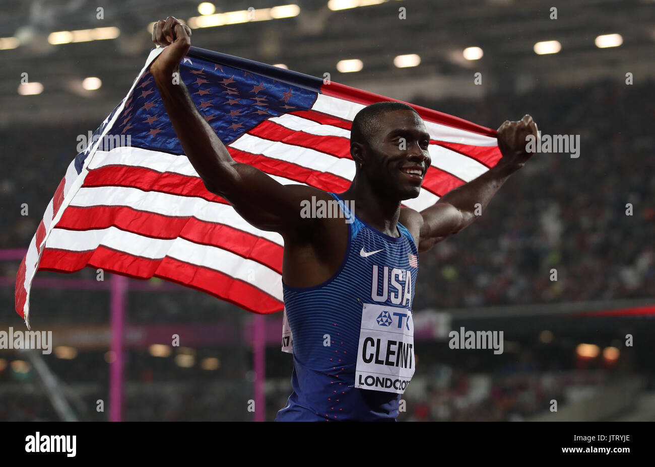 USA's Kerron Clement celebrates taking bronze in the Men's 400m Hurdles ...