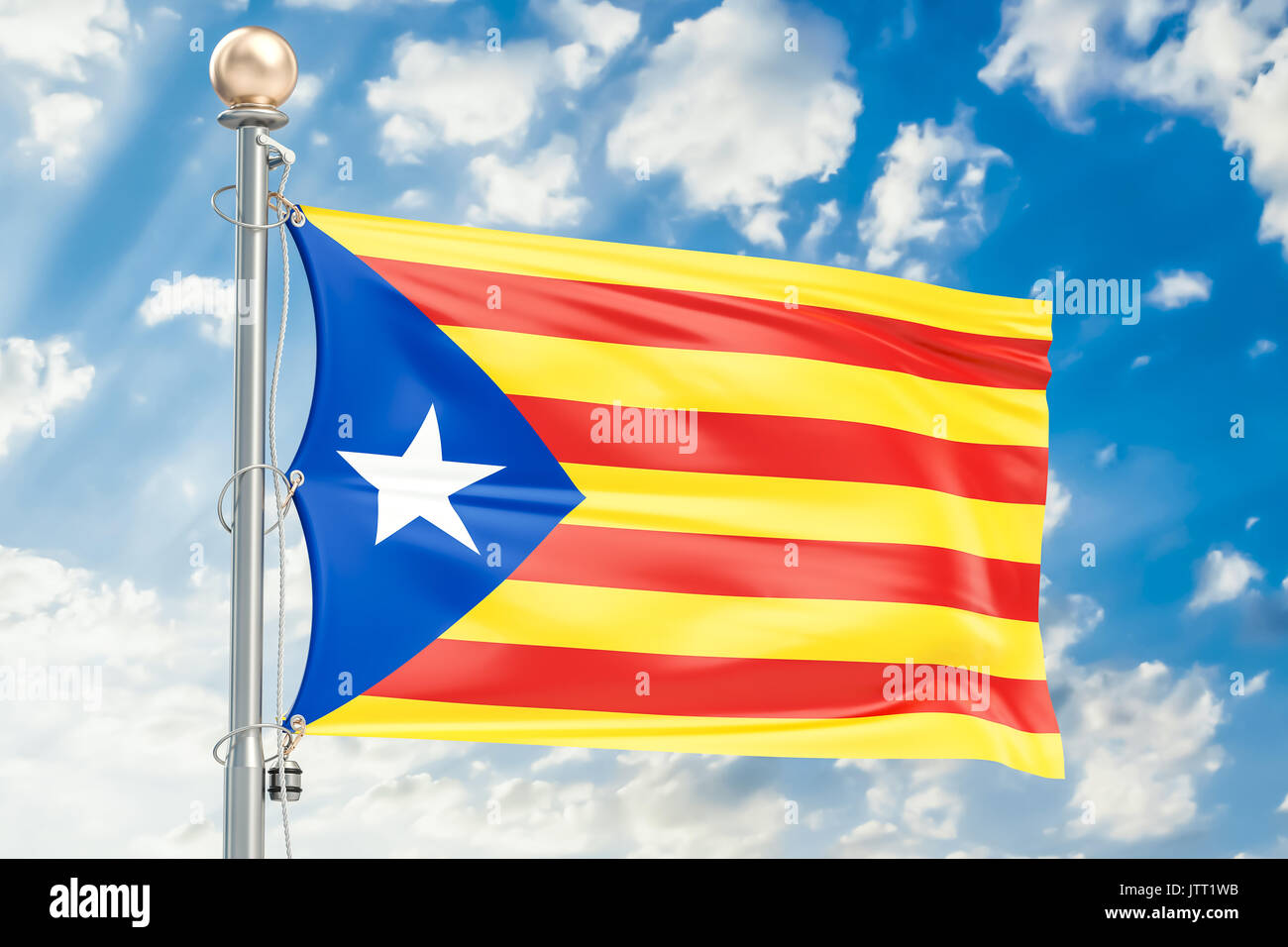 Catalonia flag waving in blue cloudy sky, 3D rendering Stock Photo - Alamy