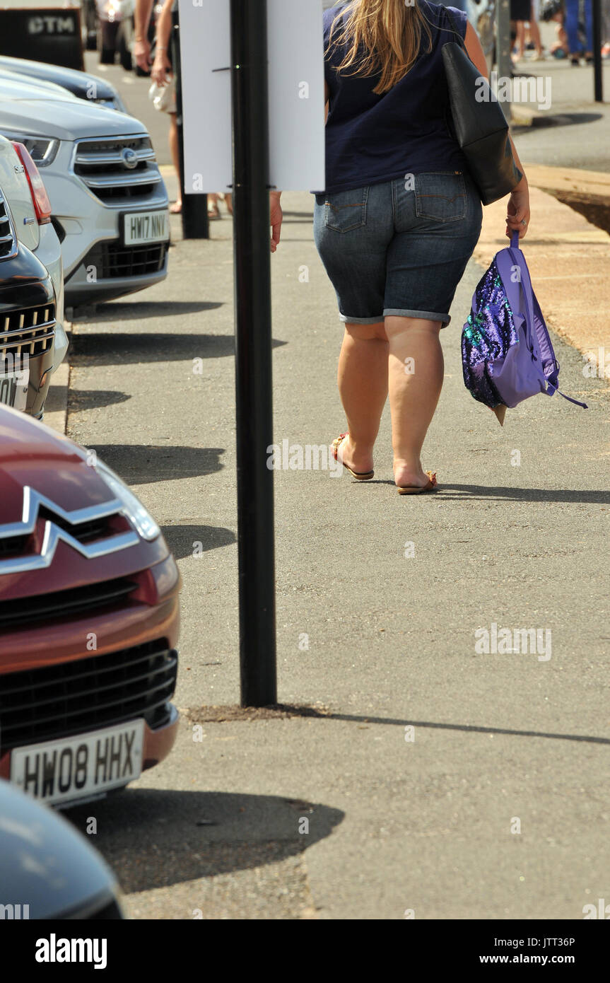 a fat or obese woman walking along a seafront pathway carrying a bag of ...