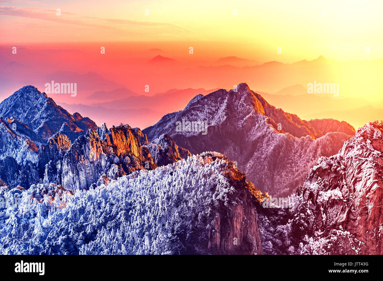 Morning view of the mountain peaks of Huangshan National park. China ...