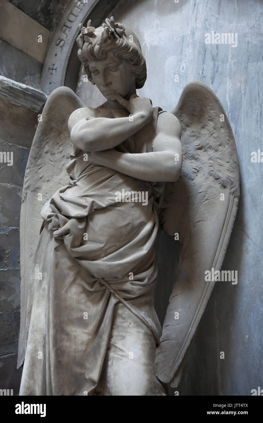 Mourning angel depicted on the marble funeral monument to the Mantero ...