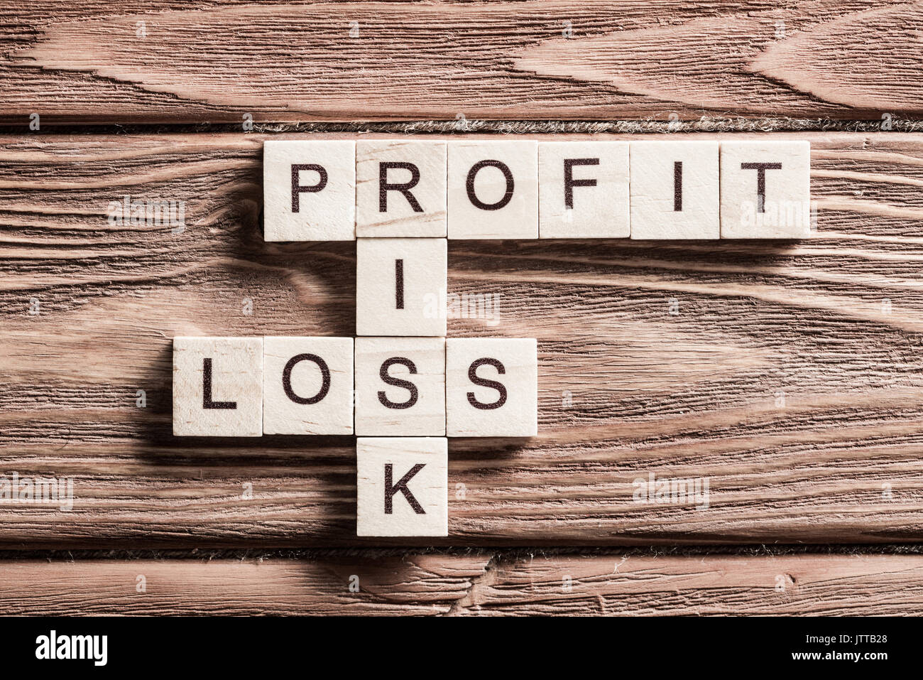 Profit loss and risk words on workplace collected of wooden cubes Stock ...