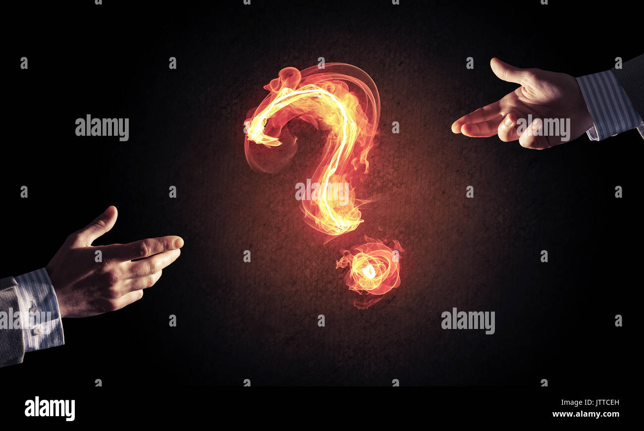 Concept of help or support with fire burning question mark and c Stock ...