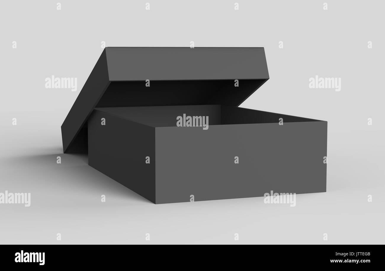 Flat black box mockup, blank box template isolated on grey in 3d ...