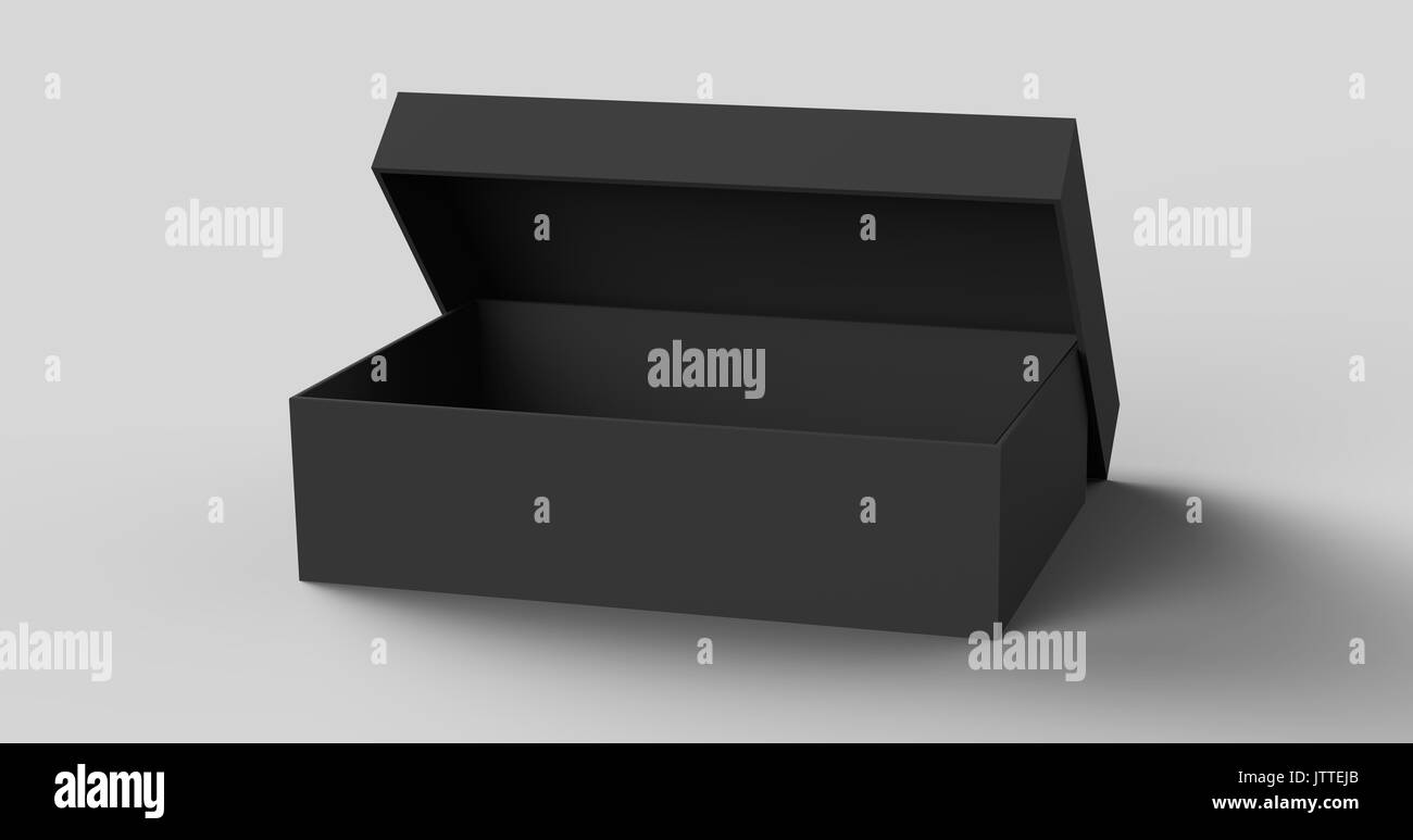 Flat black box mockup, blank box template isolated on grey in 3d ...