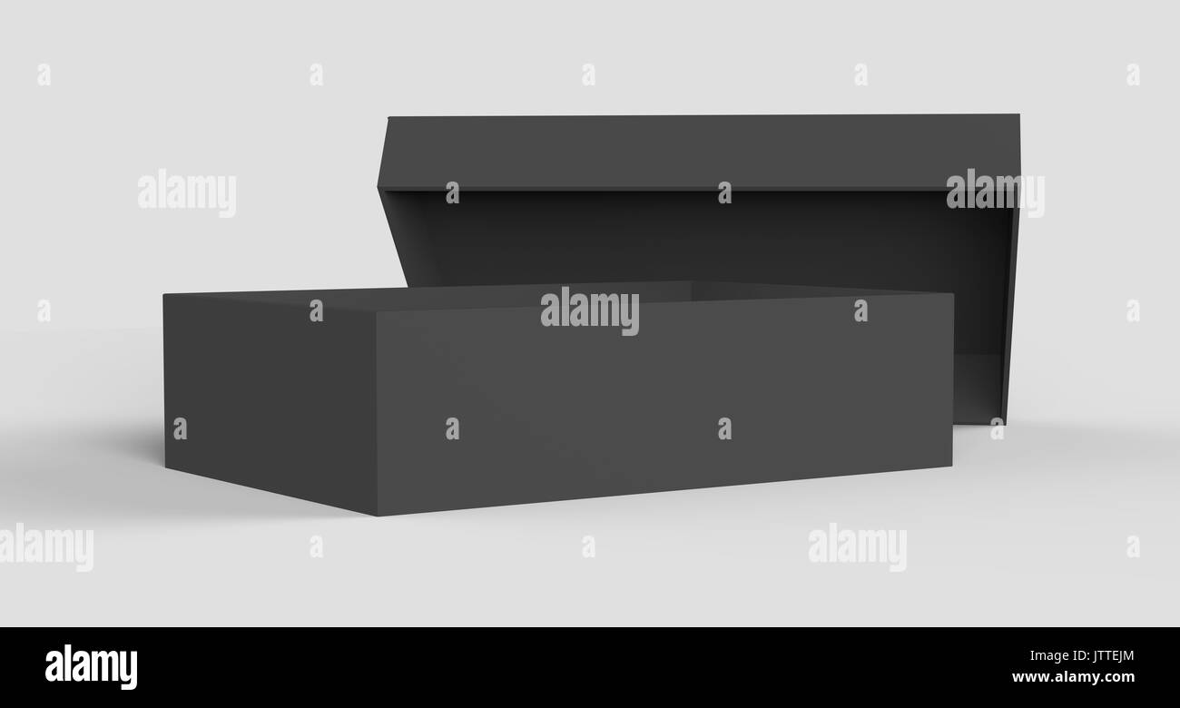 Flat black box mockup, blank box template isolated on grey in 3d ...