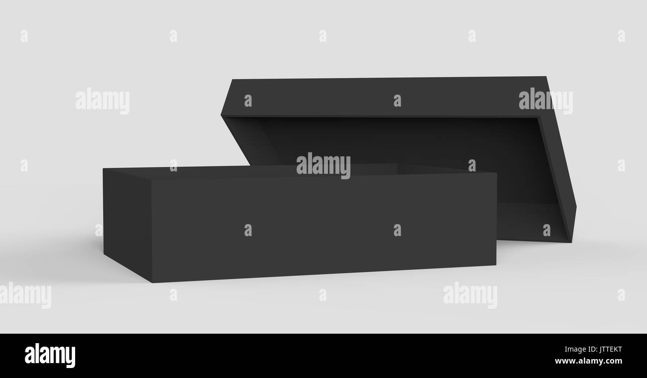 Flat black box mockup, blank box template isolated on grey in 3d ...