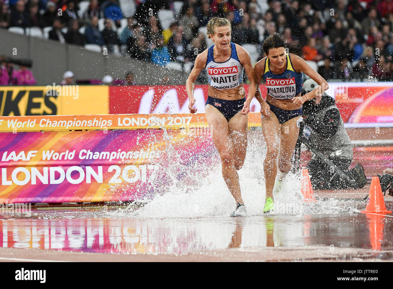 London, UK. 9 August 2017. Laura Waite (GB) tackles the water jump in ...